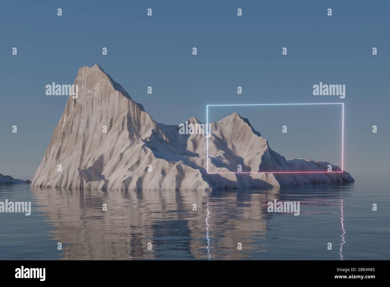 Neon square on the island of snow mountain on the sea, 3d rendering ...
