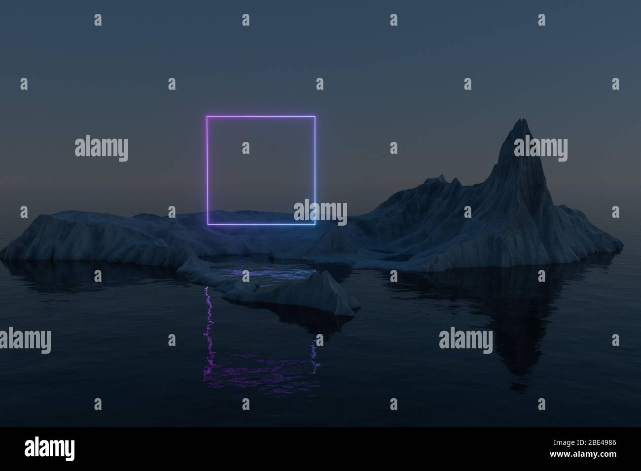 Neon square on the island of snow mountain on the sea, 3d rendering ...
