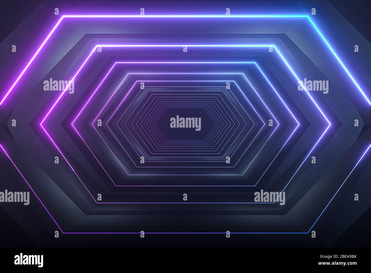 Hexagonal tunnel with neon light, modern architecture, 3d rendering ...