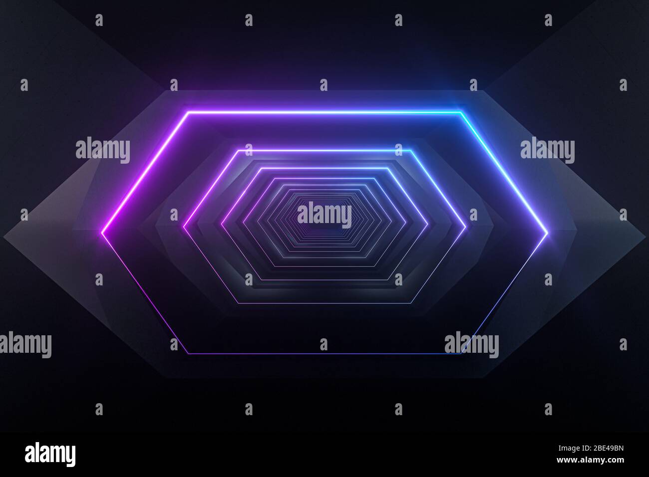 Hexagonal tunnel with neon light, modern architecture, 3d rendering ...