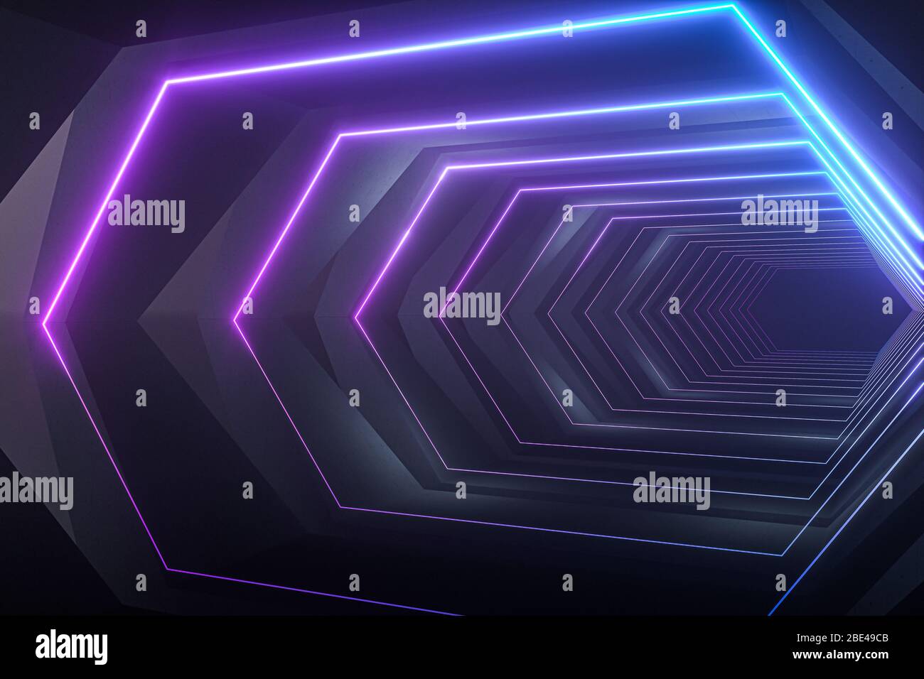 Hexagonal tunnel with neon light, modern architecture, 3d rendering ...