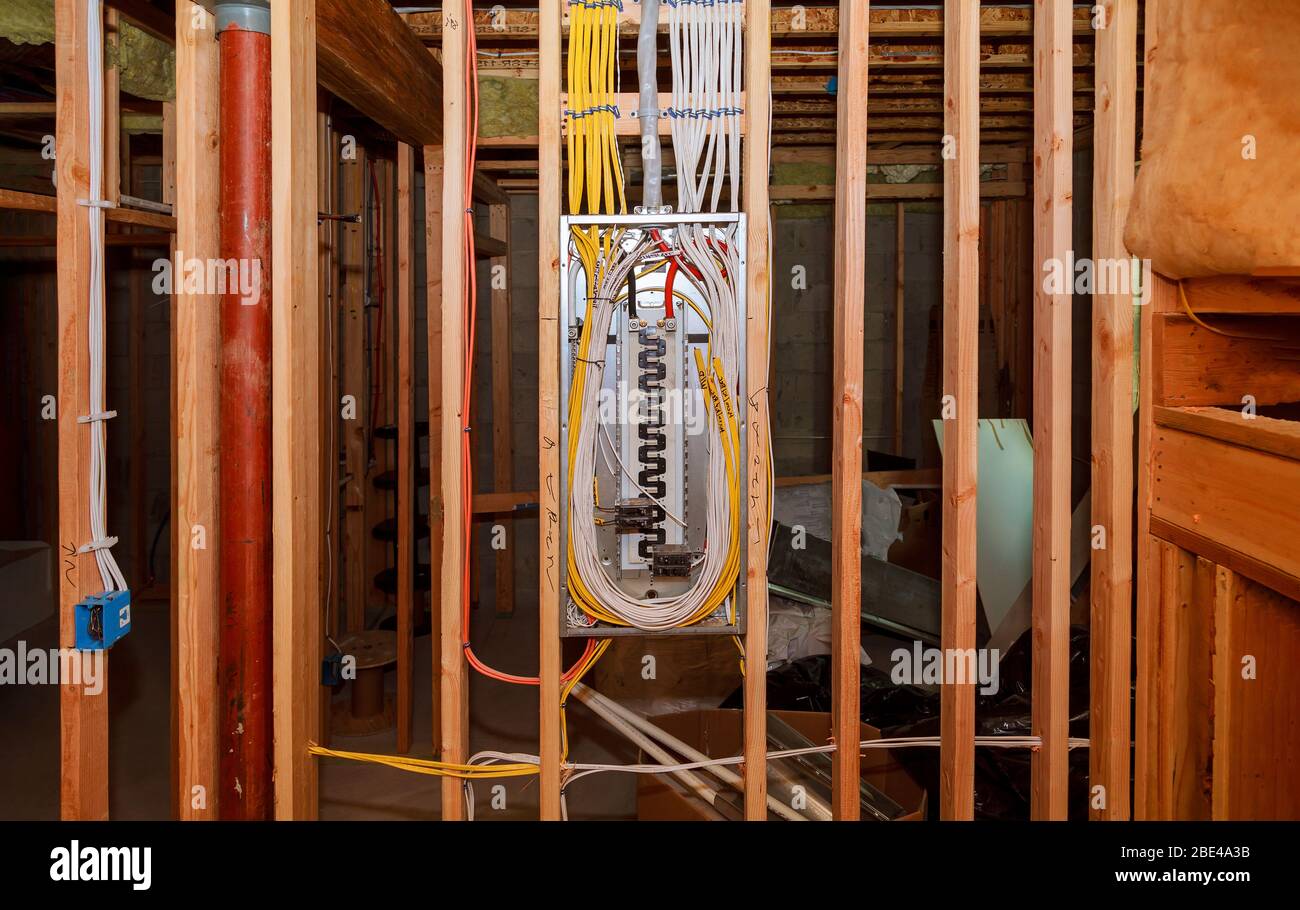 Electrical voltage switchboard box with wires with circuit breakers ...