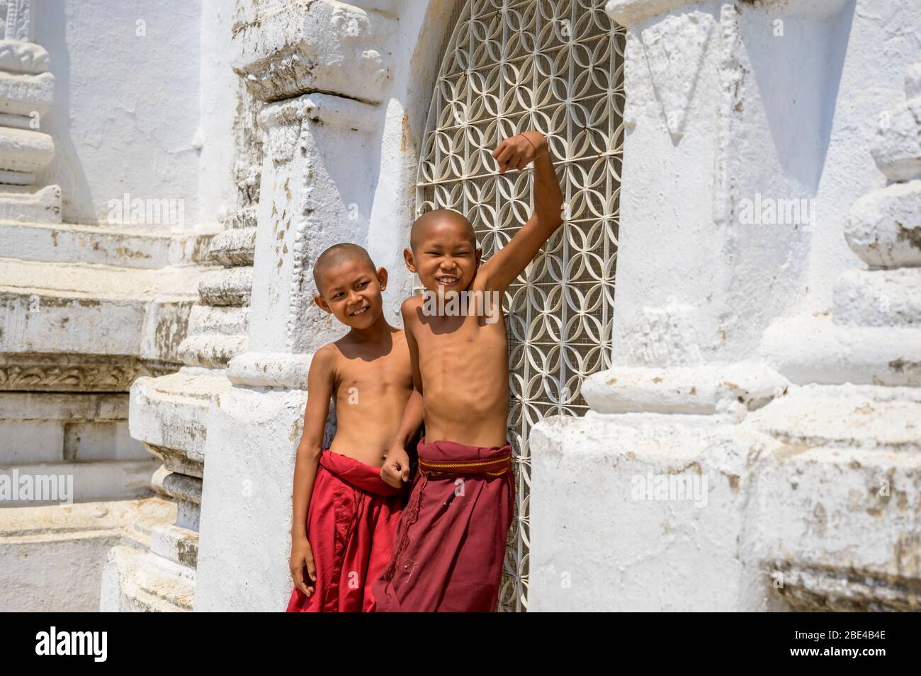 Junior monks at a temple, being silly for the camera; Bagan, Myanmar ...