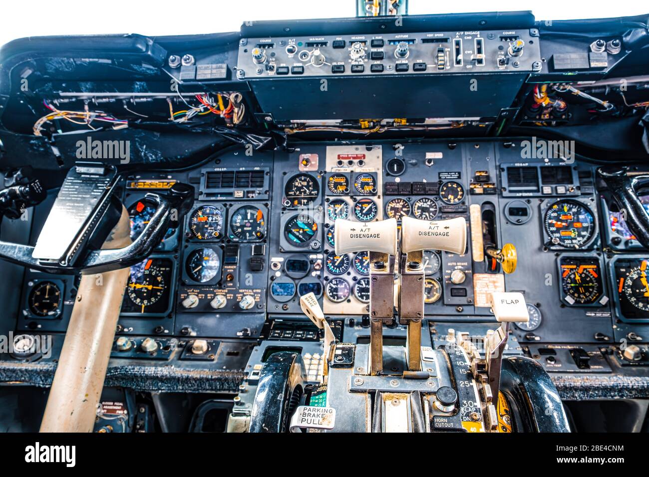Old aircraft cockpit closeup with many gauges and yoke Stock Photo - Alamy