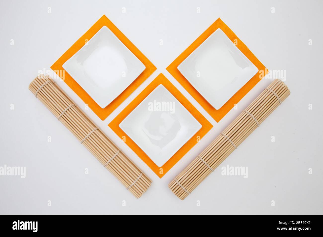 Top View Of White Empty Sushi Plates With Bamboo Mats. Symmetry Food ...
