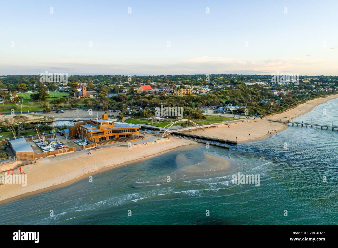 Aerial view of Frankston Yacht Club and footbridge over Kananook creek ...
