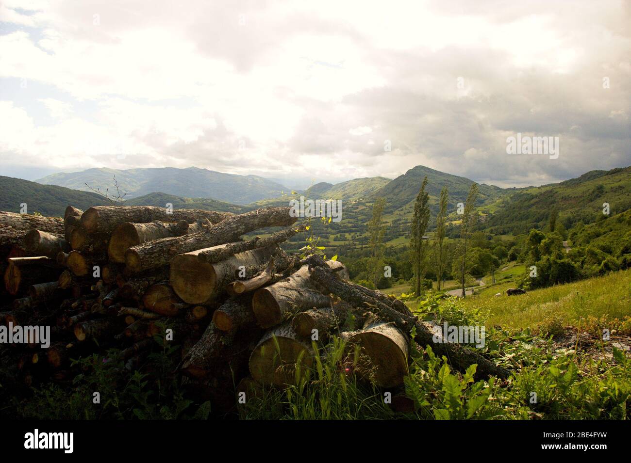 At Roquefixade in the Ariege region of Southern France with a logpile ...