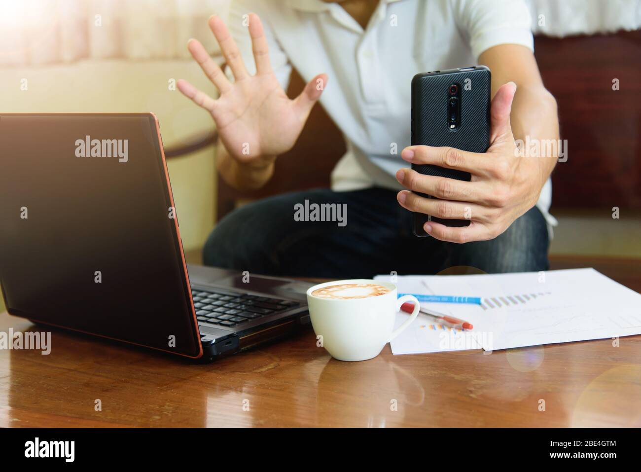 Work from home / video conference by smartphone in working time from ...