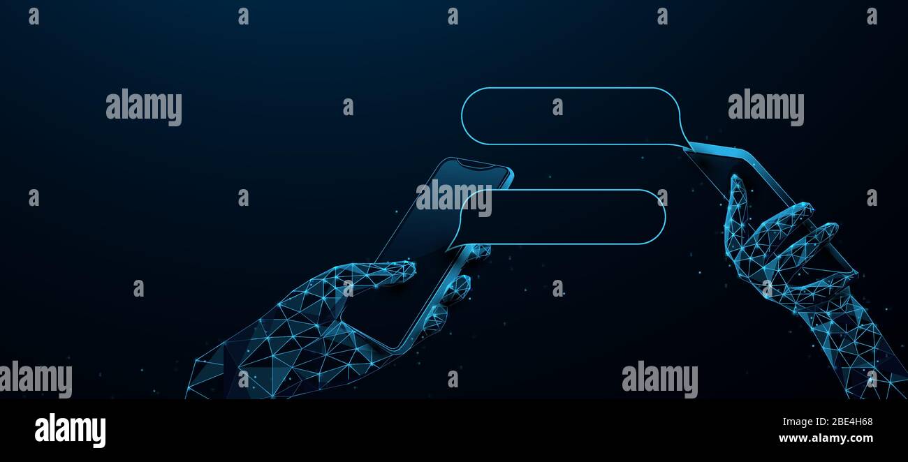 Hands holding phones with dialog speech bubbles. People texting ...