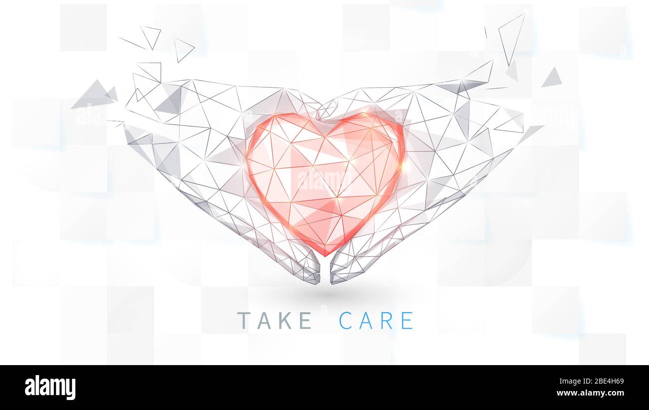 Hand holding red heart on white background. Take care symbol. Low poly ...