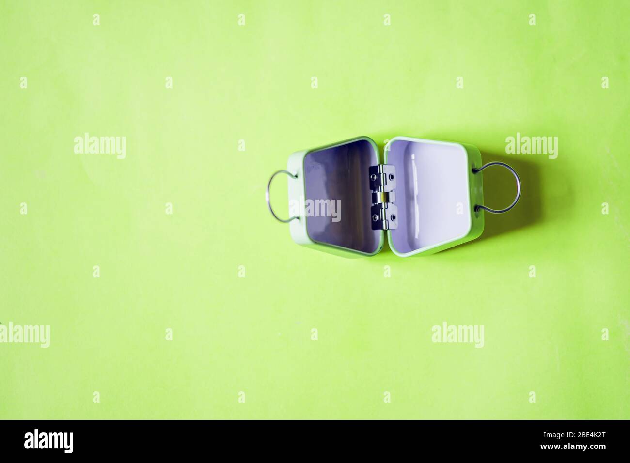 Miniature open empty suitcase isolated on green background with copy ...