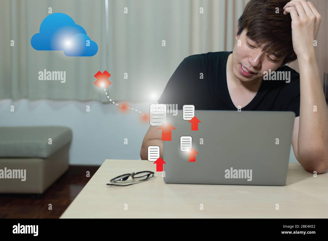 Asian working man who work from home annoying with bad internet ...