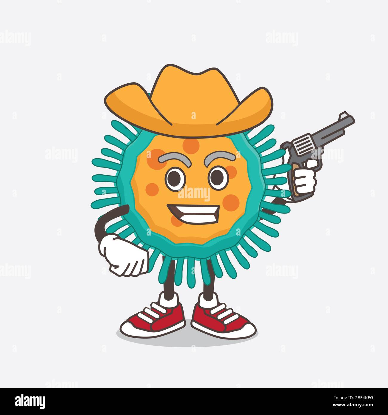 An illustration of Blue Virus cartoon mascot character holding gun ...