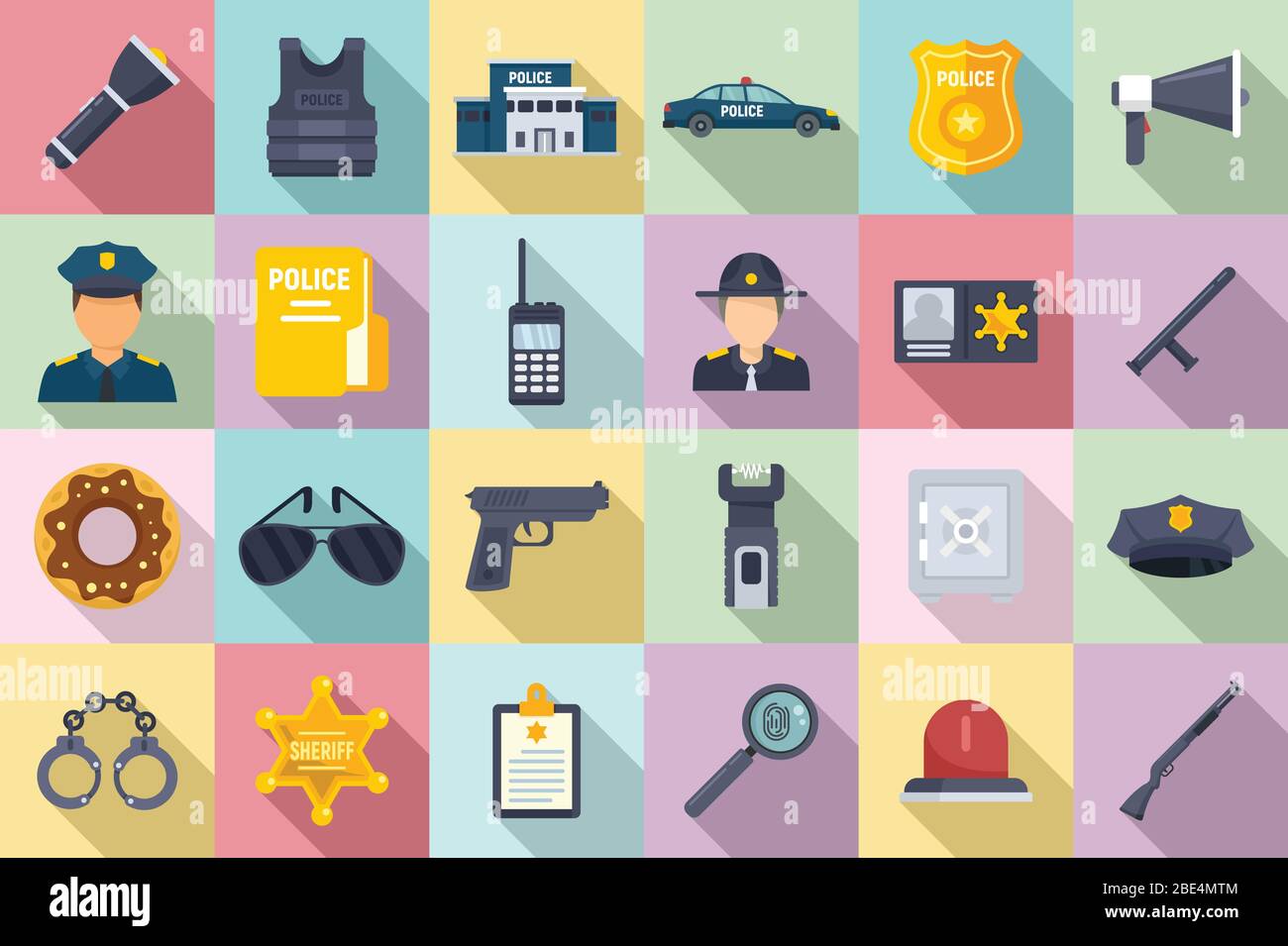 Police station icons set. Flat set of police station vector icons for ...