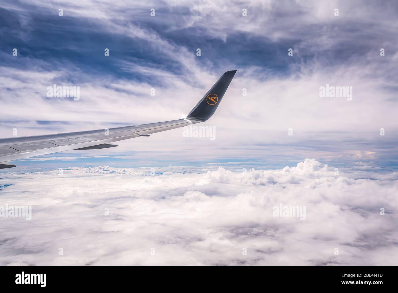 Frankfurt Germany 18.11.19 Condor Air wing of airplane in the sky ...