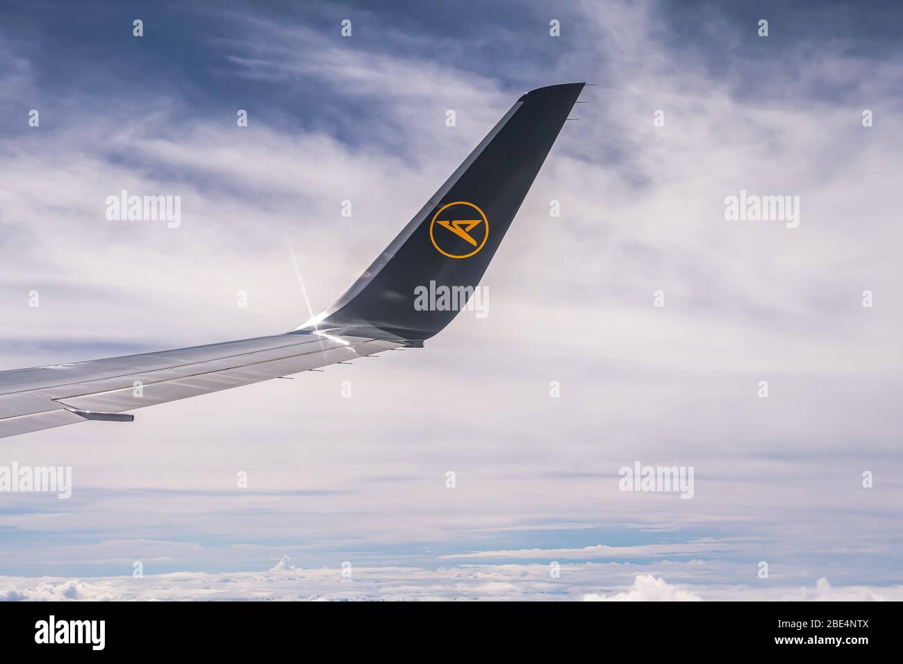 Frankfurt Germany 18.11.19 Condor Air wing of airplane in the sky ...