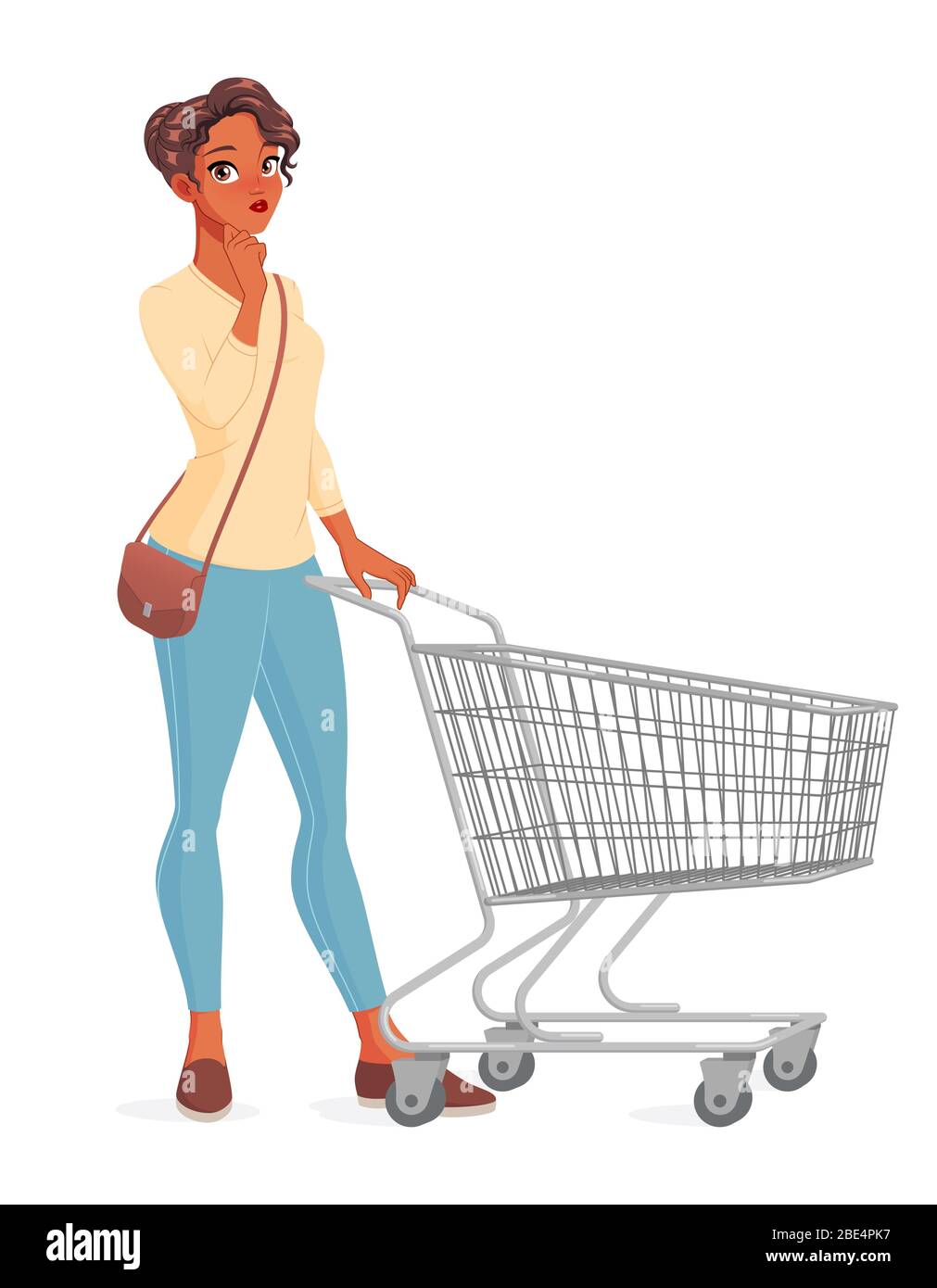 Thoughtful young woman with shopping cart. Isolated vector illustration ...