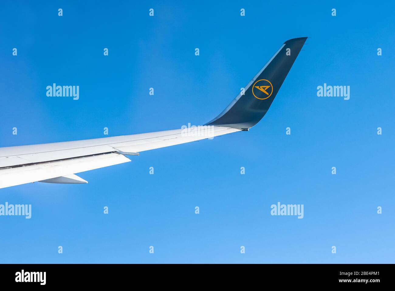 Frankfurt Germany 18.11.19 Condor Air wing of airplane in the sky ...