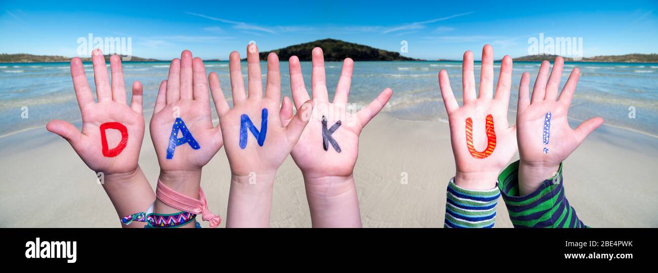 Children Hands Building Word Dank U Means Thank You, Ocean Background ...