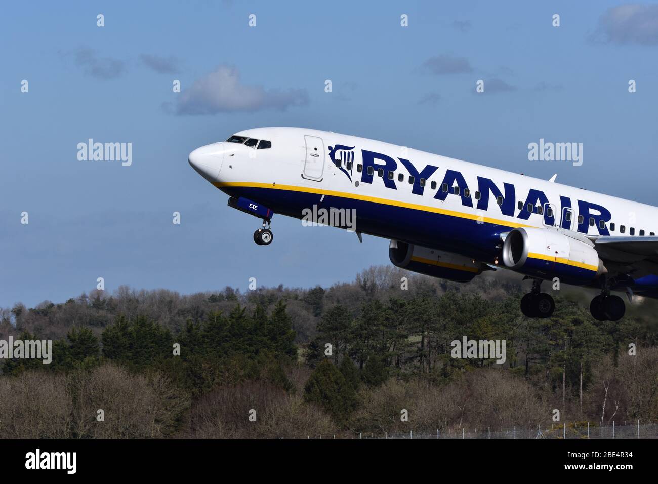 The front end (cockpit) of a Ryanair plane that has just taken off from ...