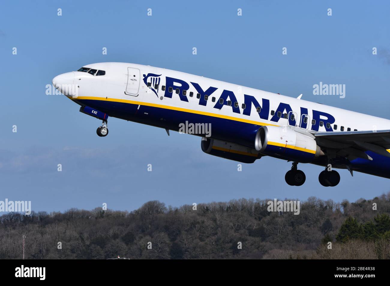 The front end (cockpit) of a Ryanair plane that has just taken off from ...