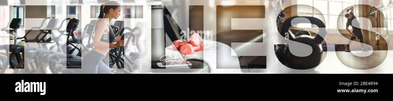 Collage of young people doing sport exercises at gym with an overlay of ...