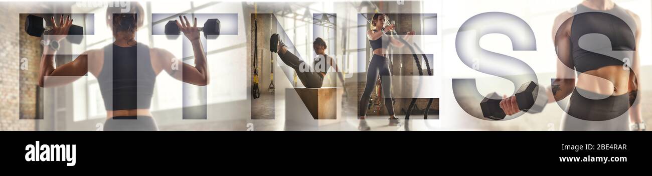 Sport background. Strong sporty woman working out at gym with an ...