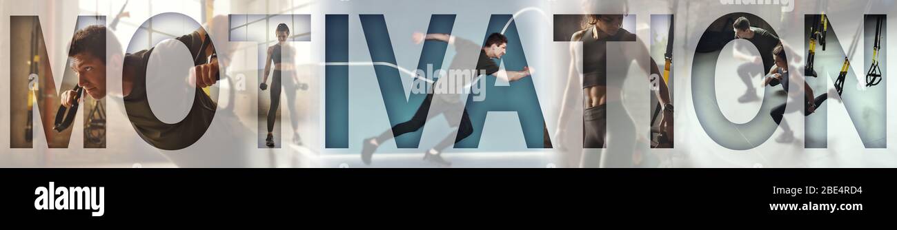 Strength and motivation. Group of young sporty people working at gym ...