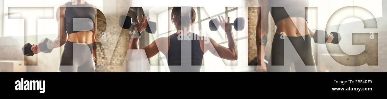 Collage of young sporty girls doing sport exercises at gym together ...