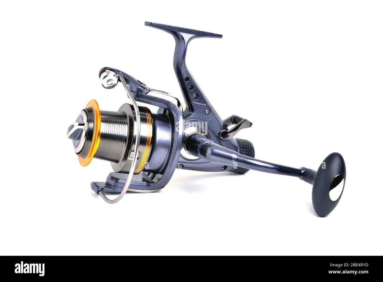 Coil for fishing inertial blue color on white background close-up ...