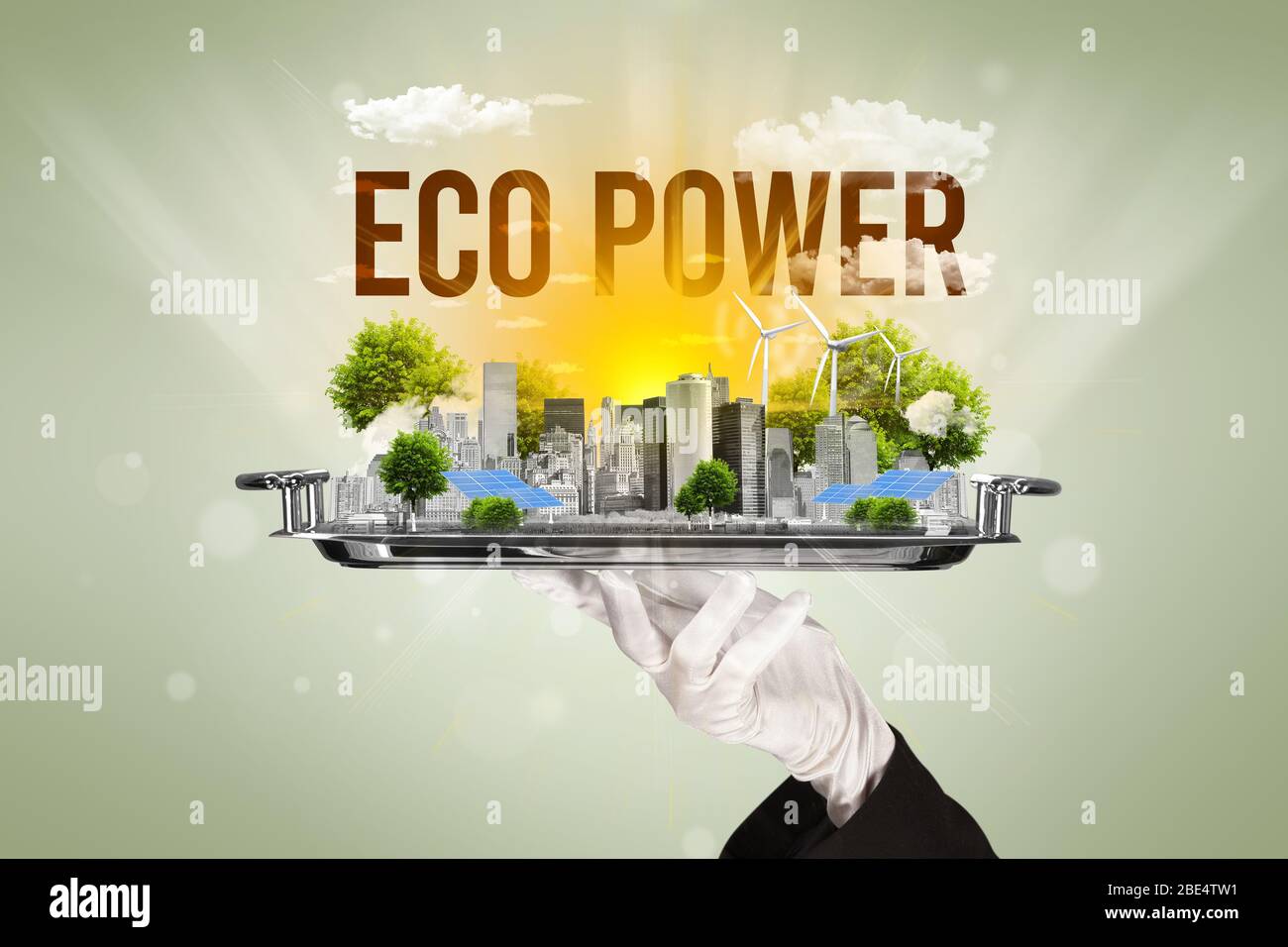 Waiter serving eco city with ECO POWER inscription, renewabke energy ...