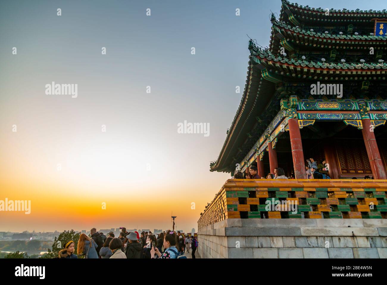View of temple in Jingshan Park at sunset, Beijing, Xicheng, People's ...