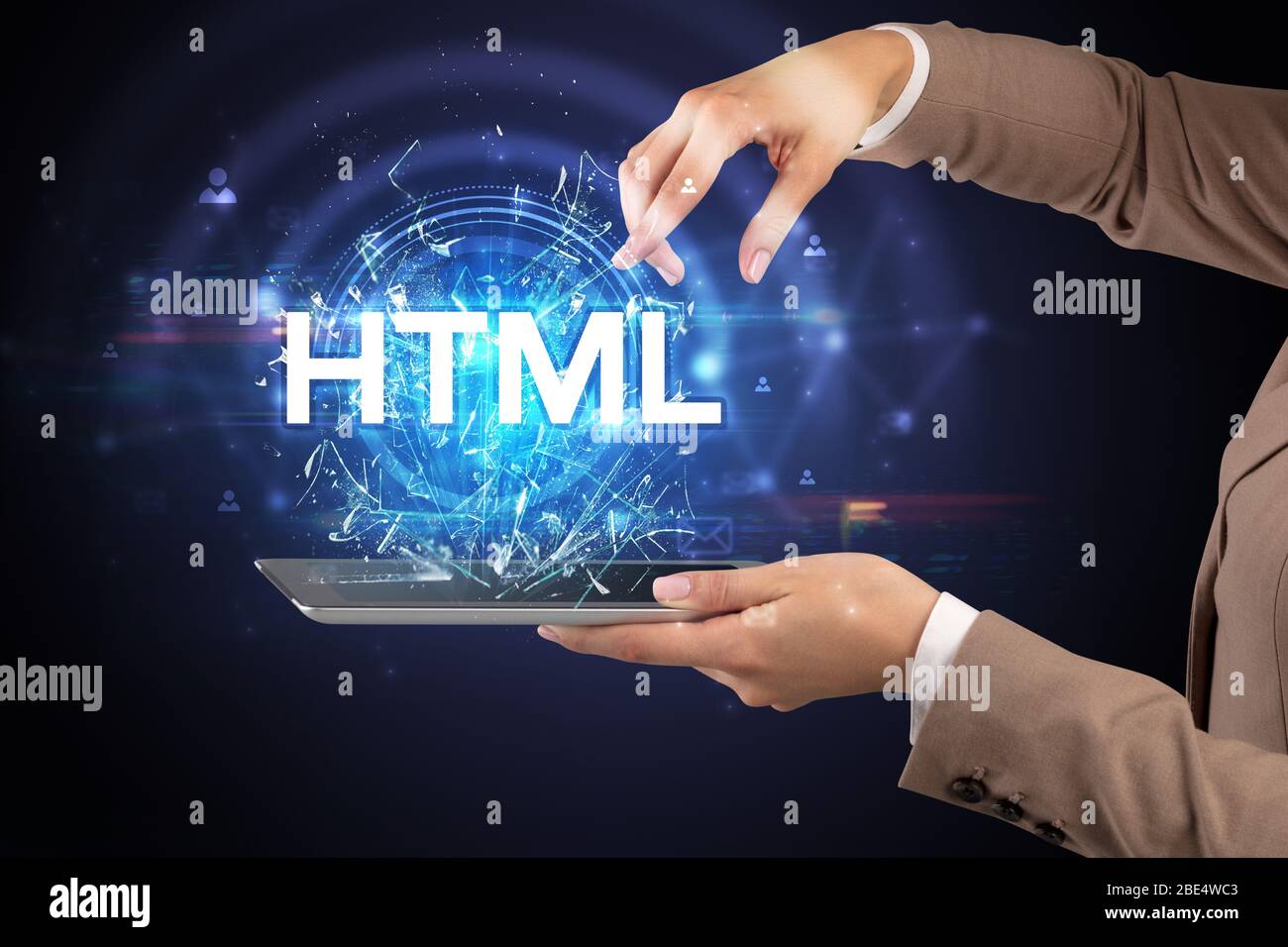 Close-up of a touchscreen with HTML abbreviation, modern technology ...