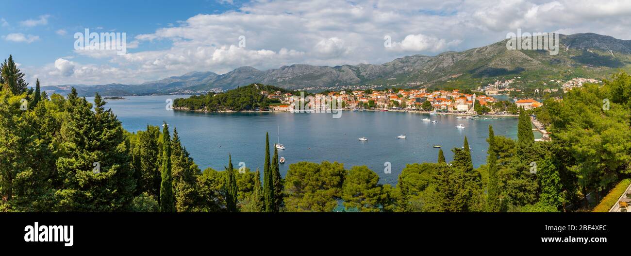 Panormaic view of old town of Cavtat and Adriatic Sea from an elevated ...