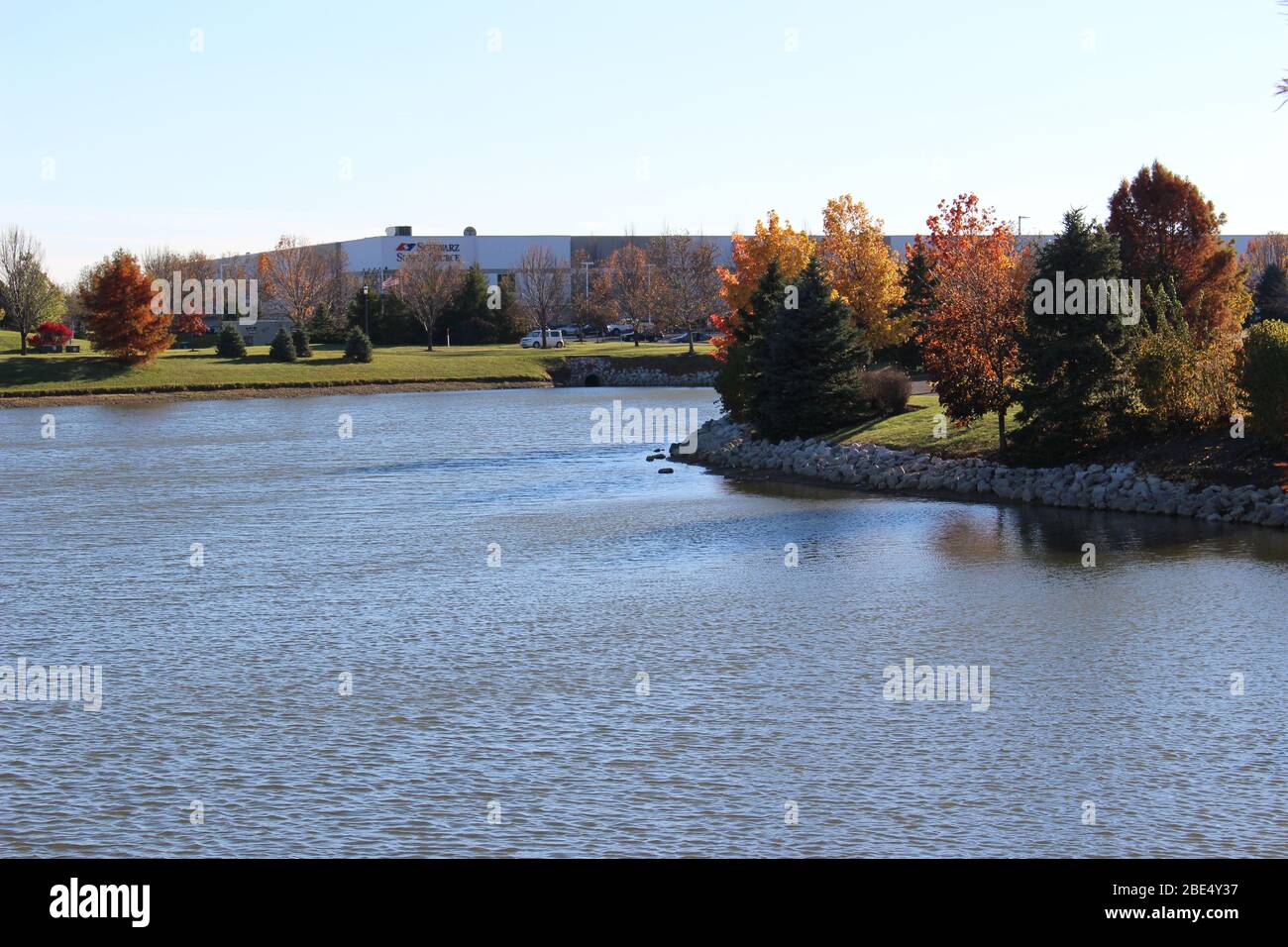 Groveport Ohio streets with colorful trees, family of geese on a pond ...