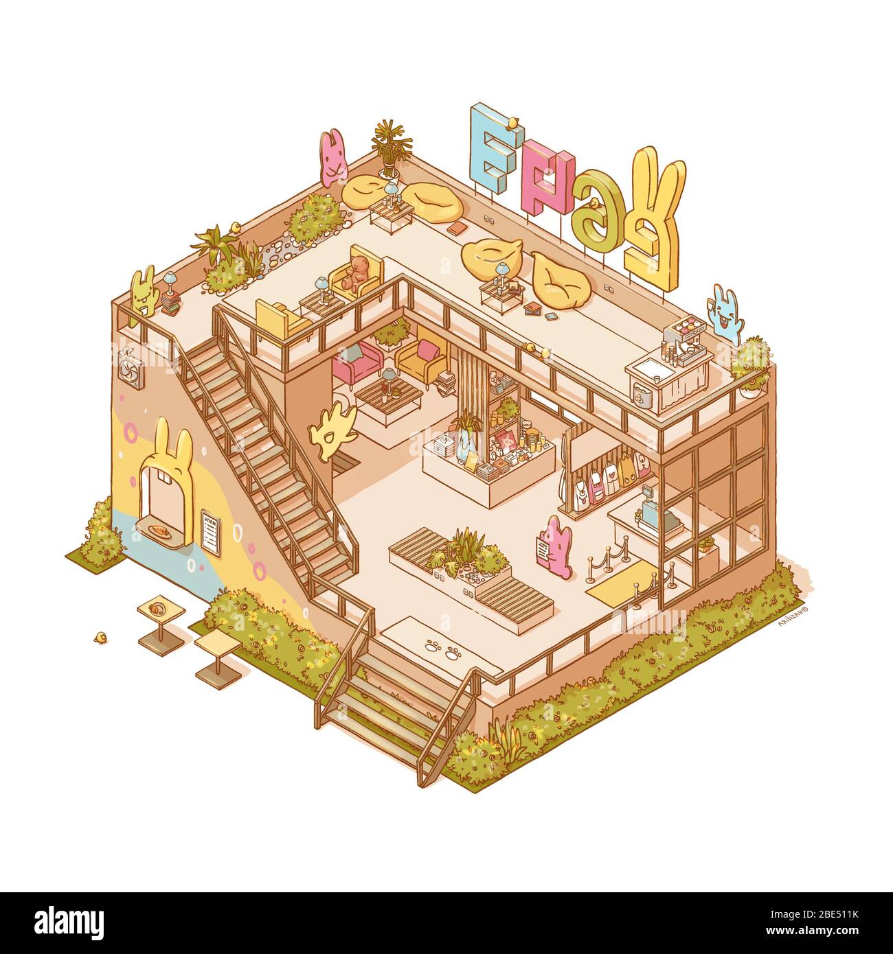 3d isometric book store design. Isometric cartoon cafe interior Stock ...
