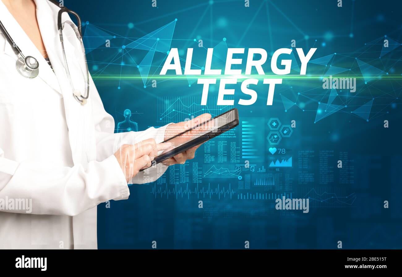doctor writes notes on the clipboard with ALLERGY TEST inscription ...