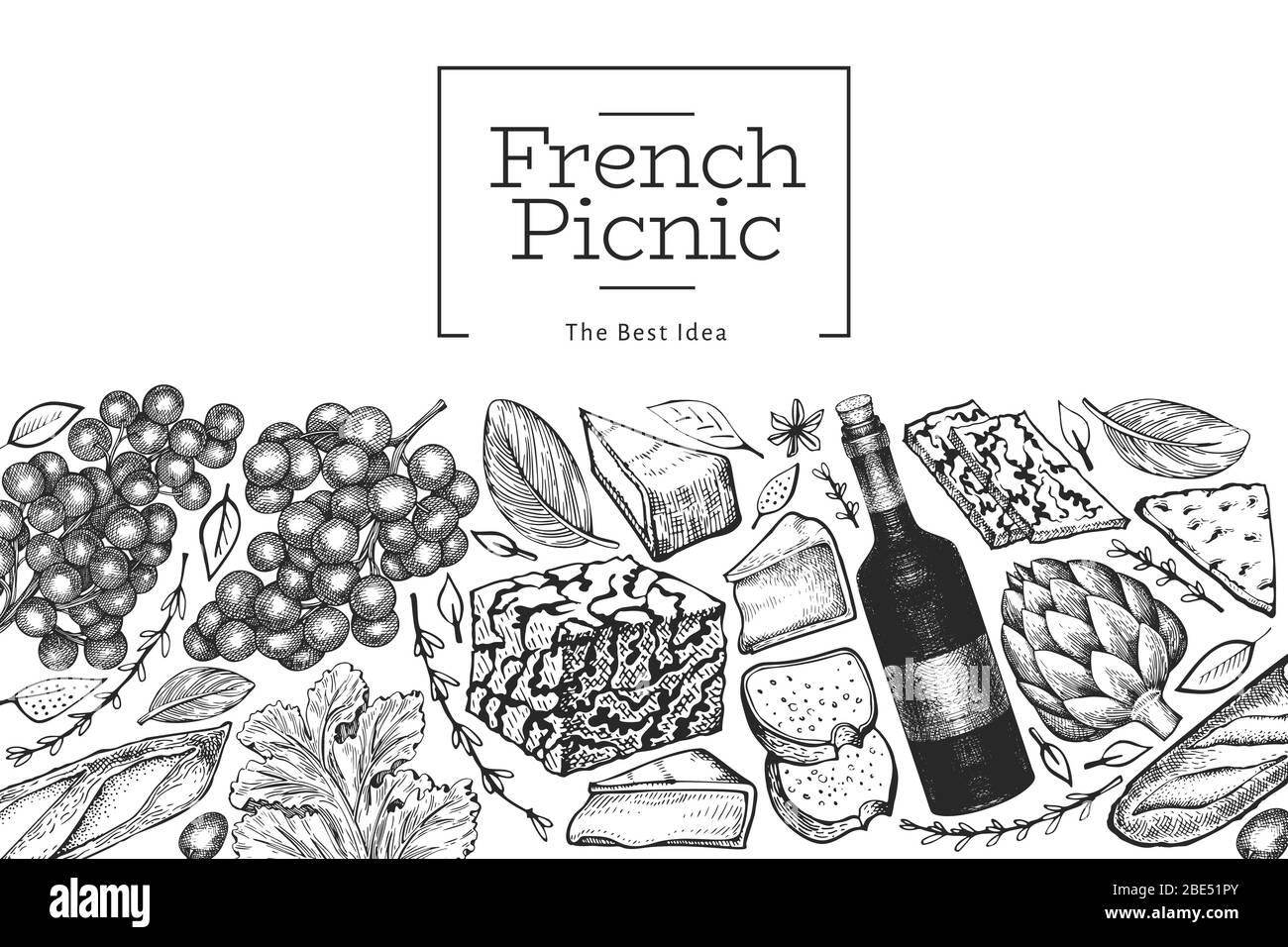 French food illustration design template. Hand drawn vector picnic meal ...