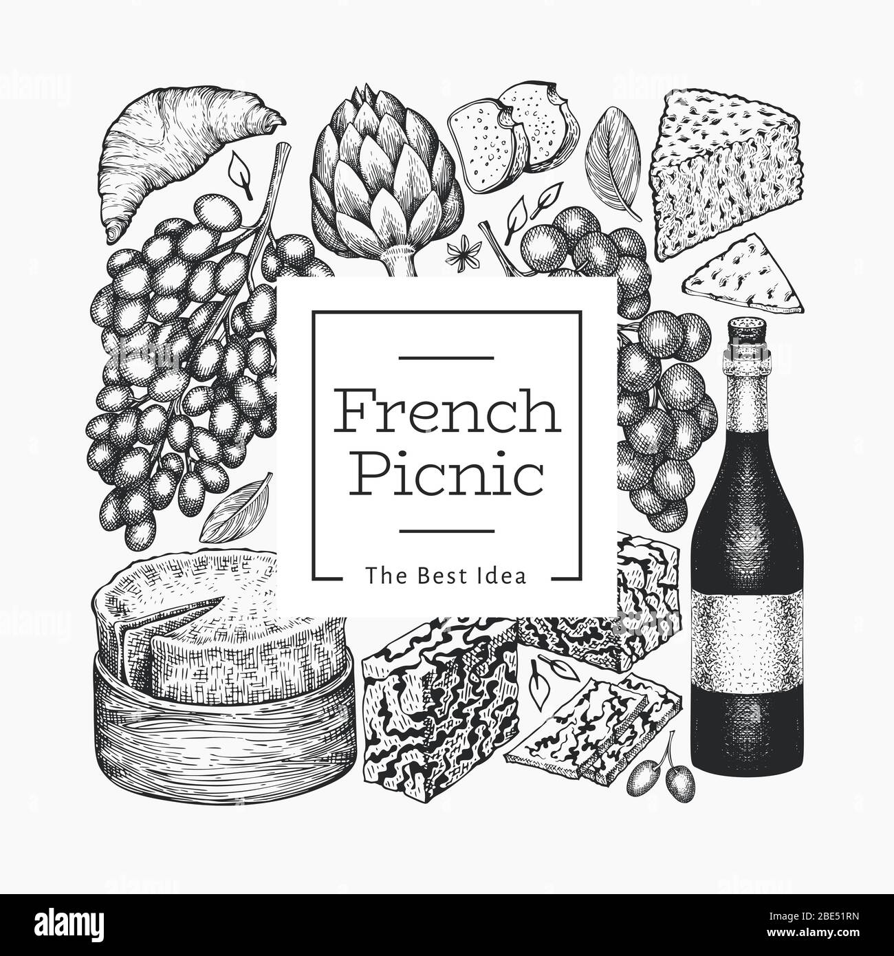 French food illustration design template. Hand drawn vector picnic meal ...