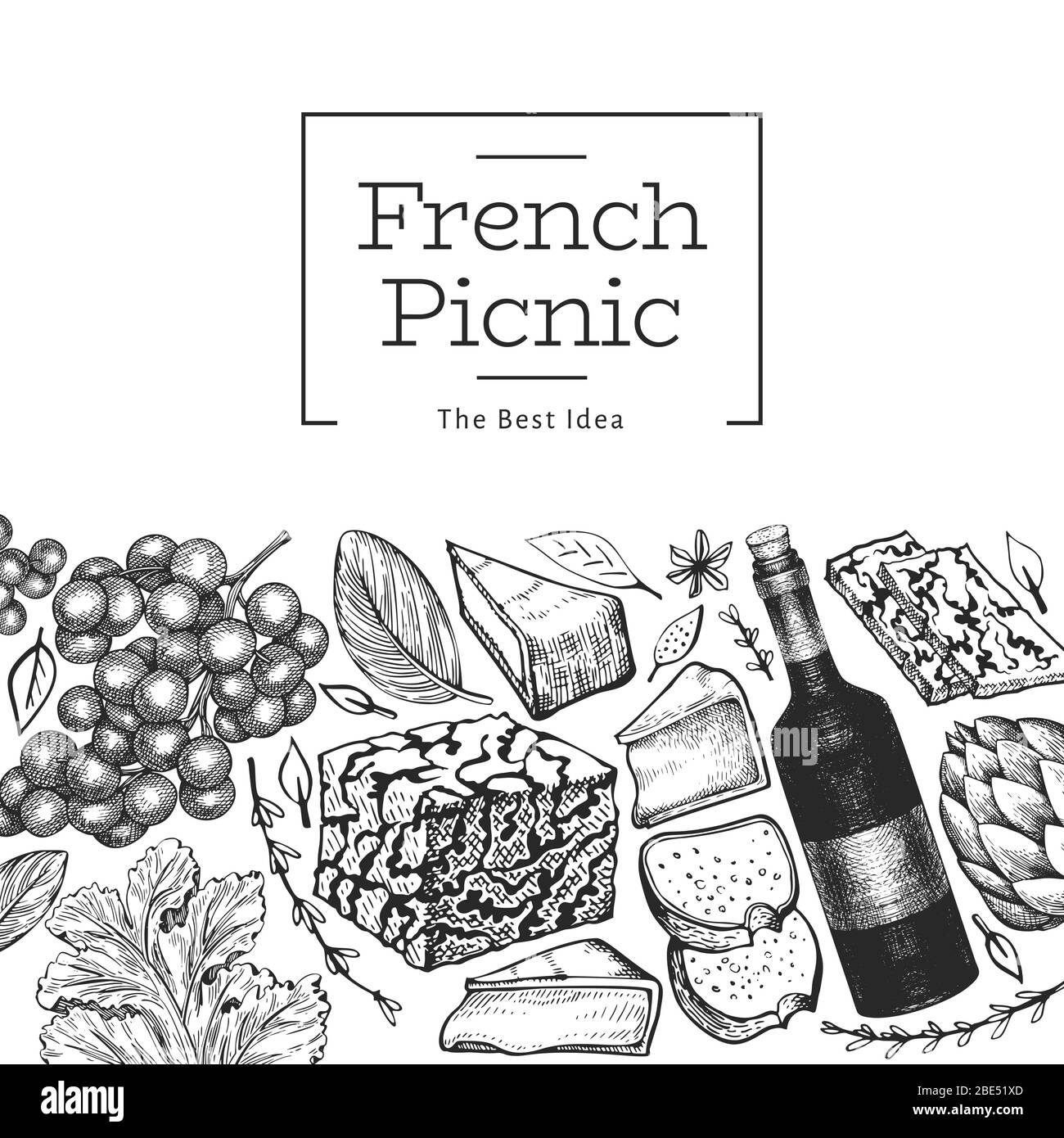 French food illustration design template. Hand drawn vector picnic meal ...