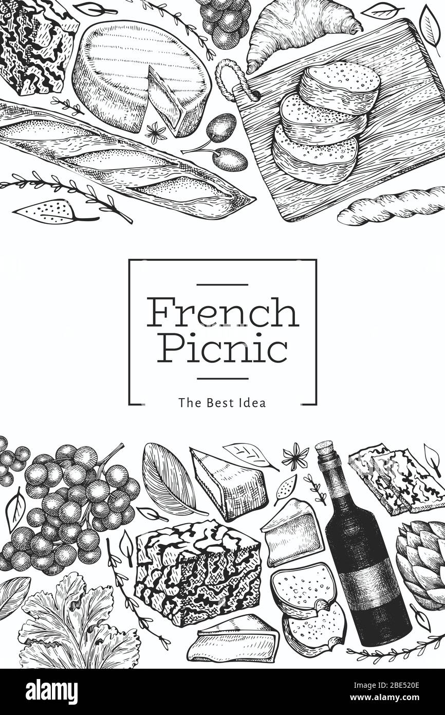 French food illustration design template. Hand drawn vector picnic meal ...