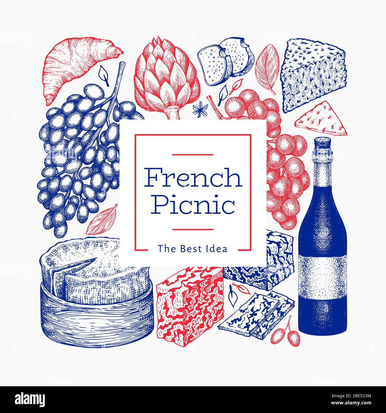 French food illustration design template. Hand drawn vector picnic meal ...