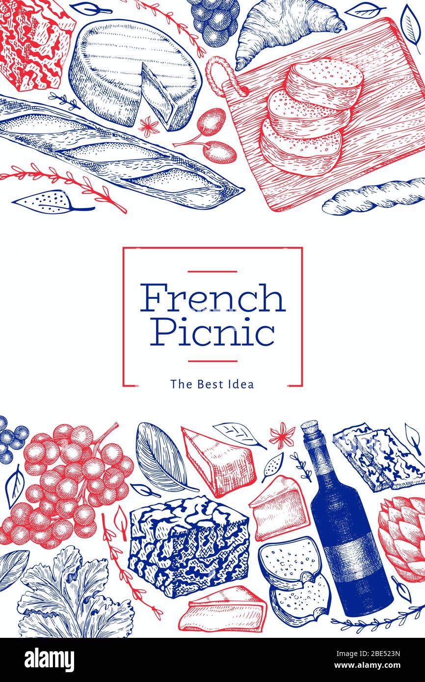 French food illustration design template. Hand drawn vector picnic meal ...