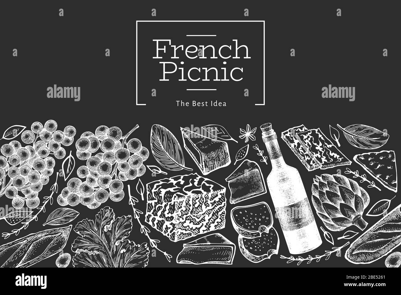 French food illustration design template. Hand drawn vector picnic meal ...