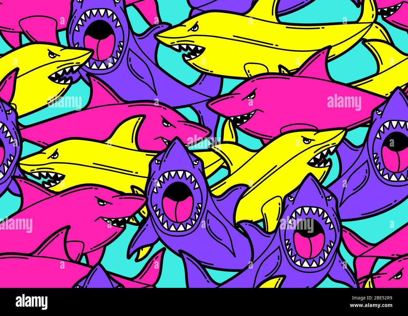 Seamless pattern with cartoon sharks. Urban colorful teenage creative ...