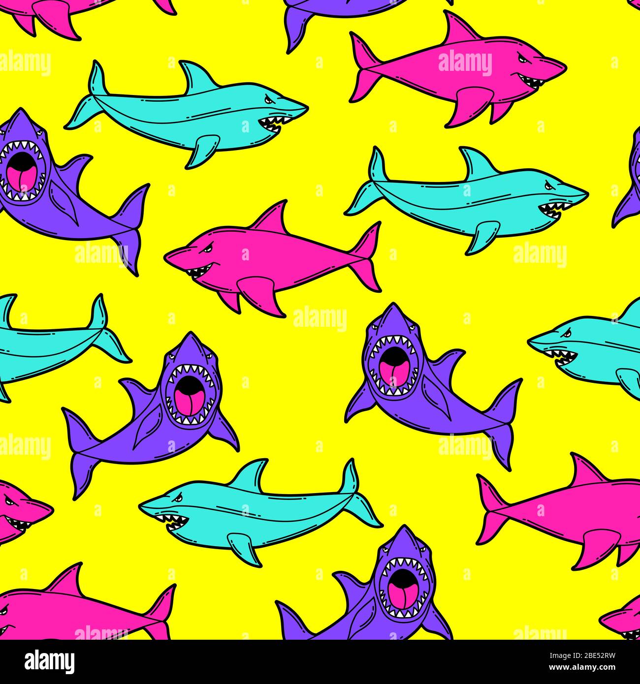 Seamless pattern with cartoon sharks. Urban colorful teenage creative ...