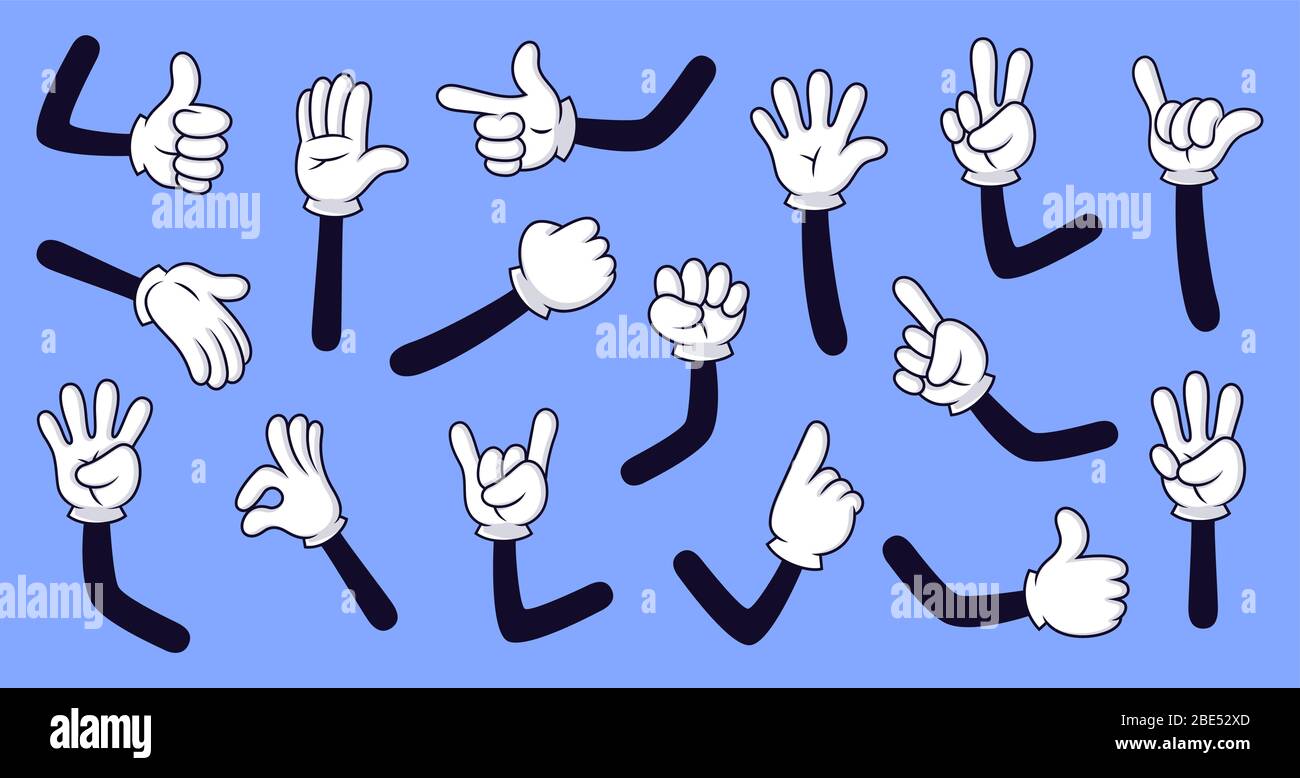 Cartoon gloved arms. Comic hands in gloves, retro doodle arms with ...