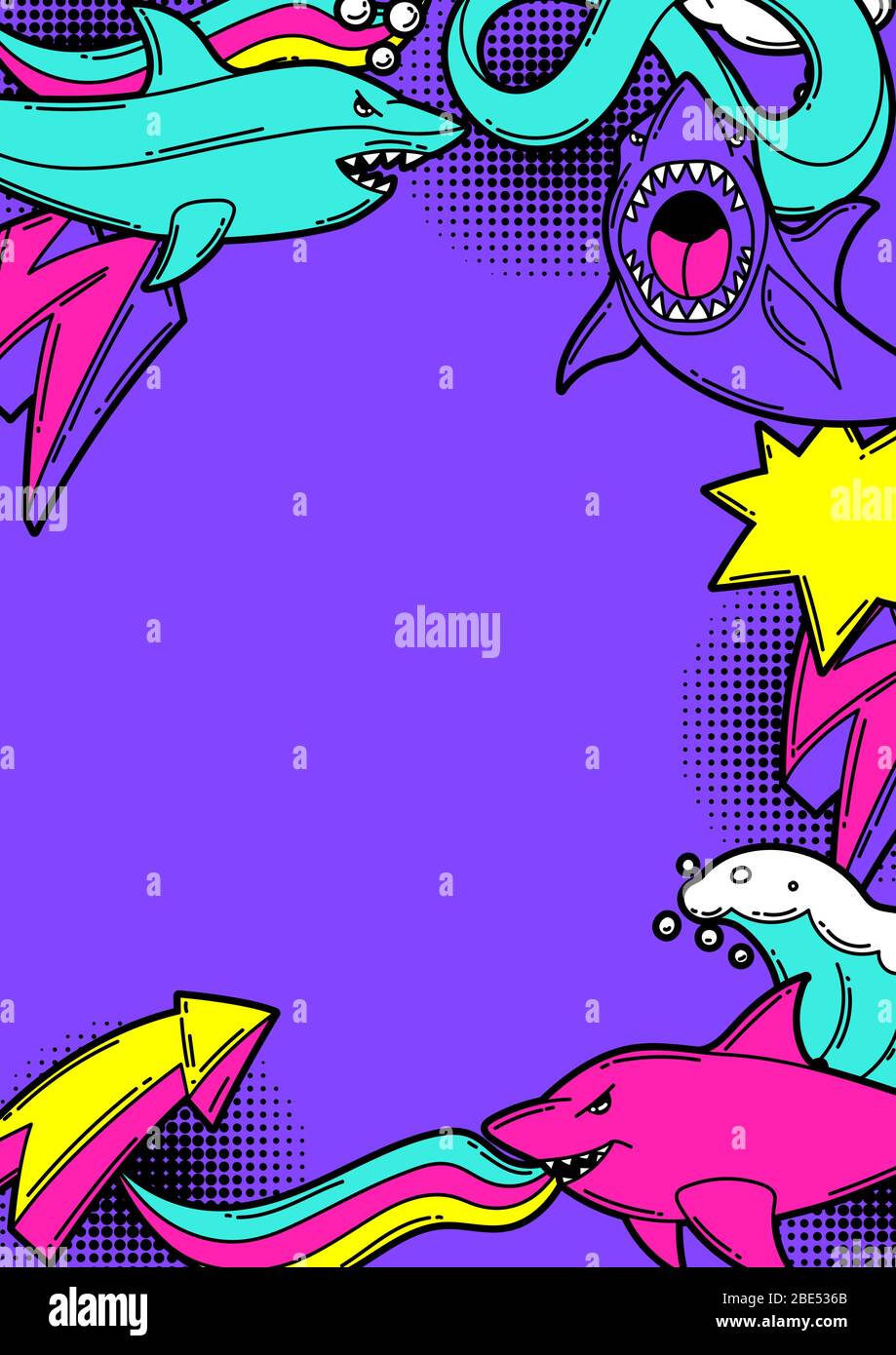Background with cartoon sharks. Urban colorful teenage creative ...