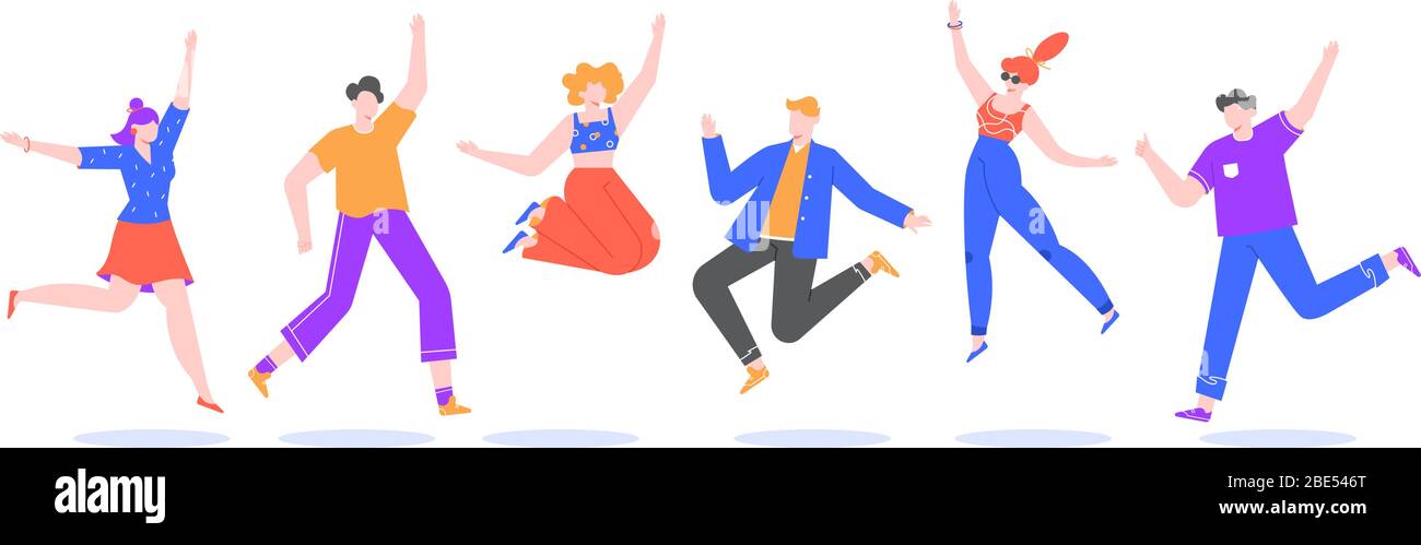 Happy jumping young people. Excited student characters, happy teenagers ...