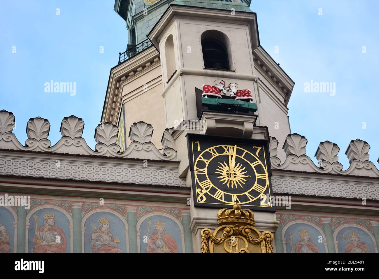 fighting goats above clock in Poznan town hall Stock Photo - Alamy